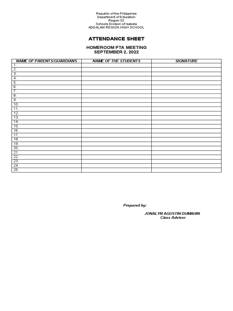 Homeroom PTA Meeting Attendance Sheet | PDF