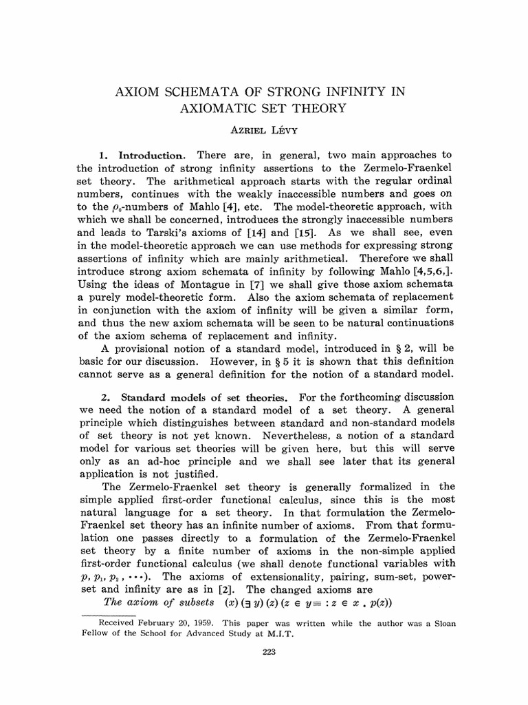 Levy Axiom Schemata Of Strong Infinity In Axiomatic Set Theory Pdf Axiom Theorem 