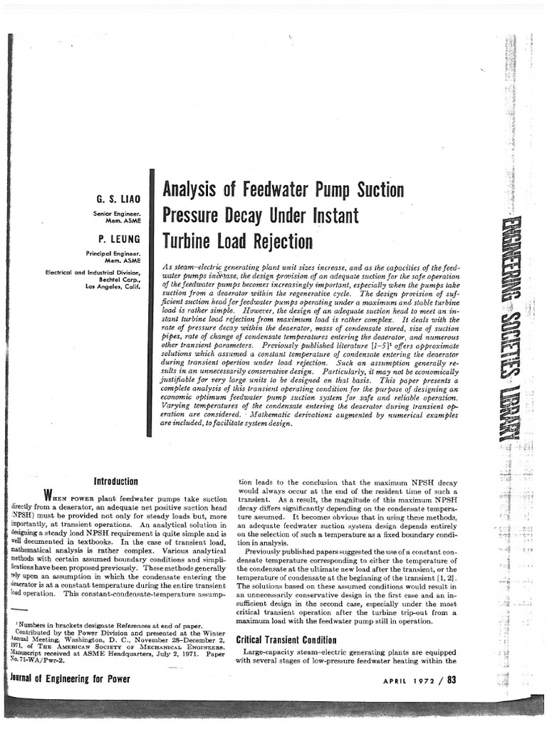 Analysis of FW Pump Suction Pressure Decay | PDF