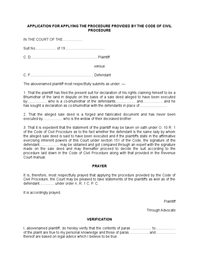 Application For Applying The Procedure Provided by The Code of Civil ...