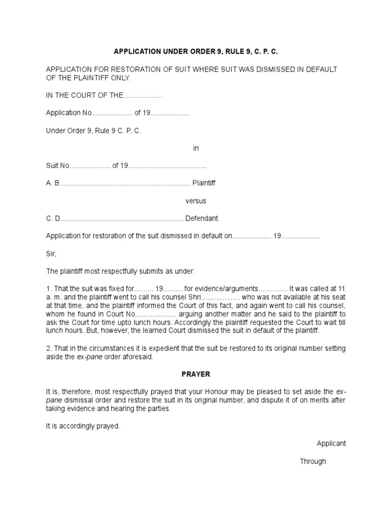 Restoration Application Under Order 9, Rule 9 | PDF | Lawsuit | Judiciaries