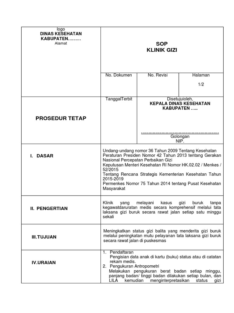 Contoh SOP KLINIK GIZI | PDF