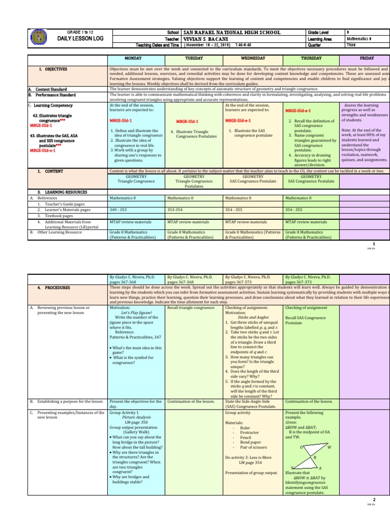 DLL Math 8 Quarter 3 Nov.18-22 | PDF | Triangle | Learning