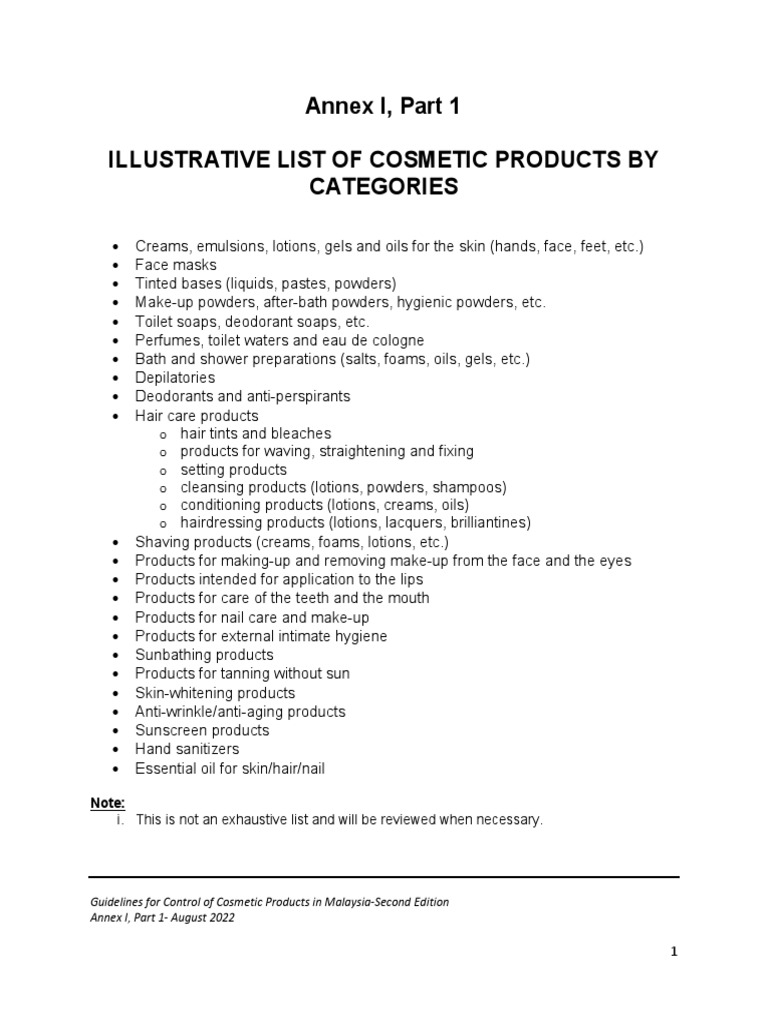 Annex I Part 1 - Illustrative List of Cosmetic Products by Categories ...