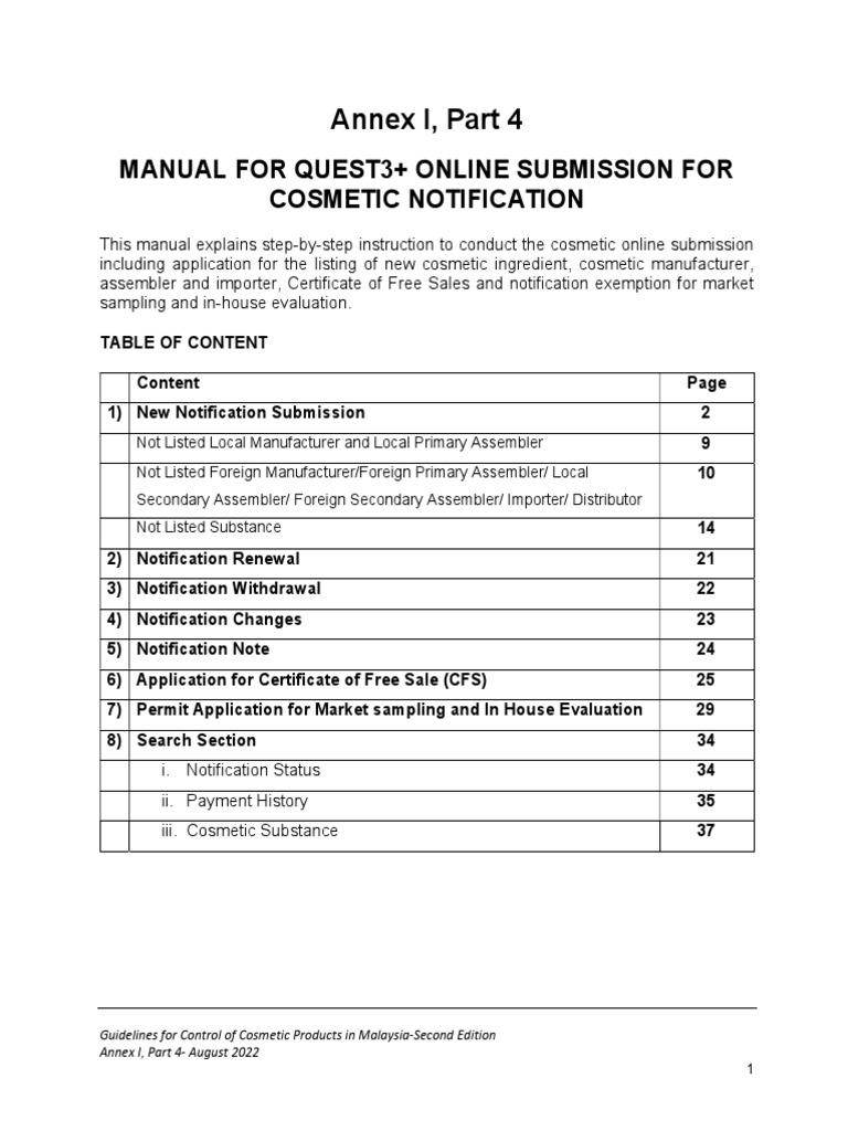 Annex I Part 4-MANUAL FOR QUEST3 ONLINE SUBMISSION FOR COSMETIC ...