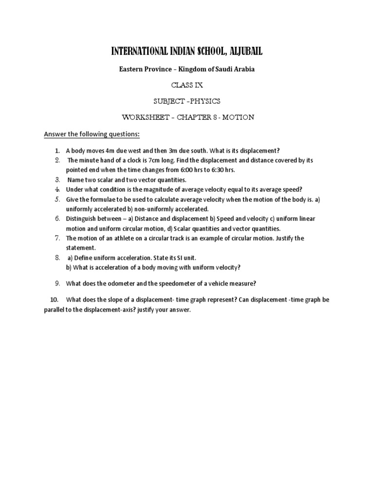 Class 9 Motion Worksheet | PDF | Acceleration | Velocity