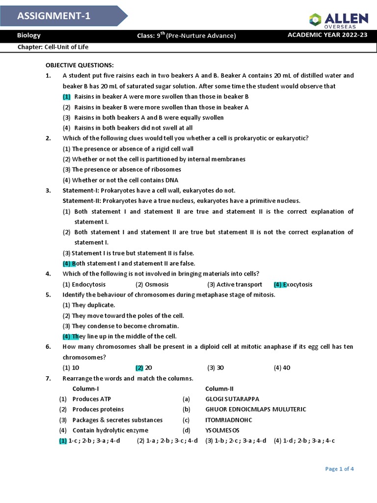 Cell biology assignment questions | PDF | Cell (Biology) | Cell Membrane