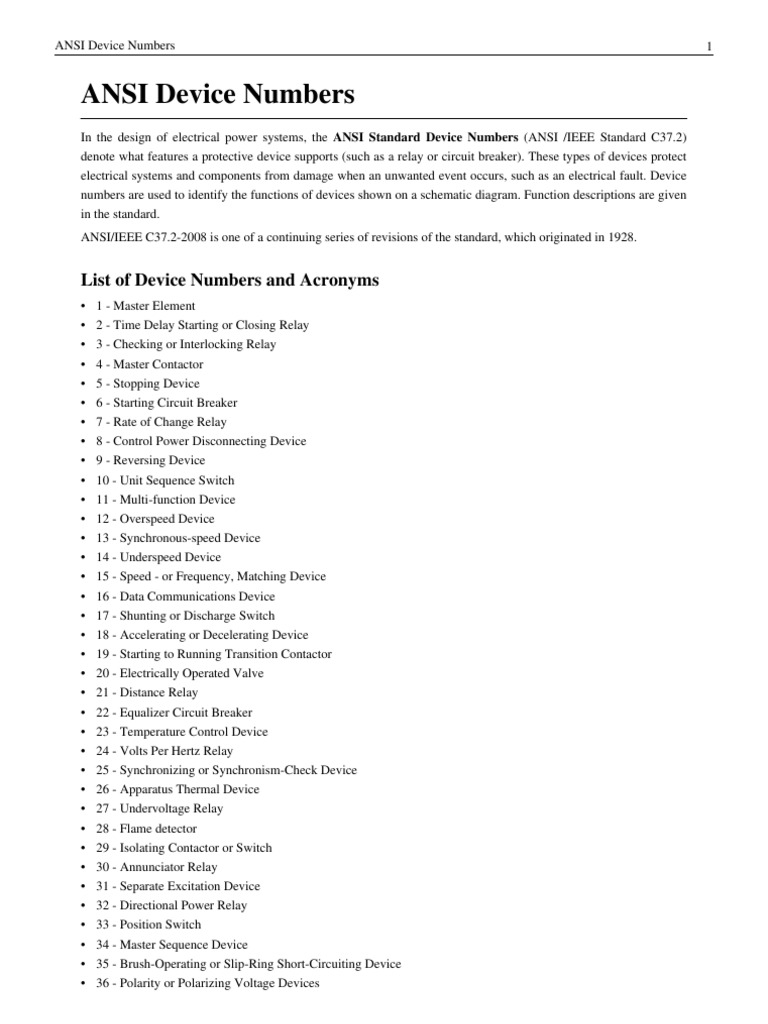 ANSI Device Numbers | PDF