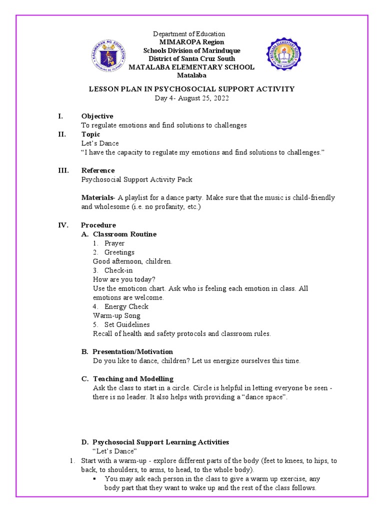 Grade 6 Psychosocial Dance Lesson Plan | PDF | Learning | Lesson Plan