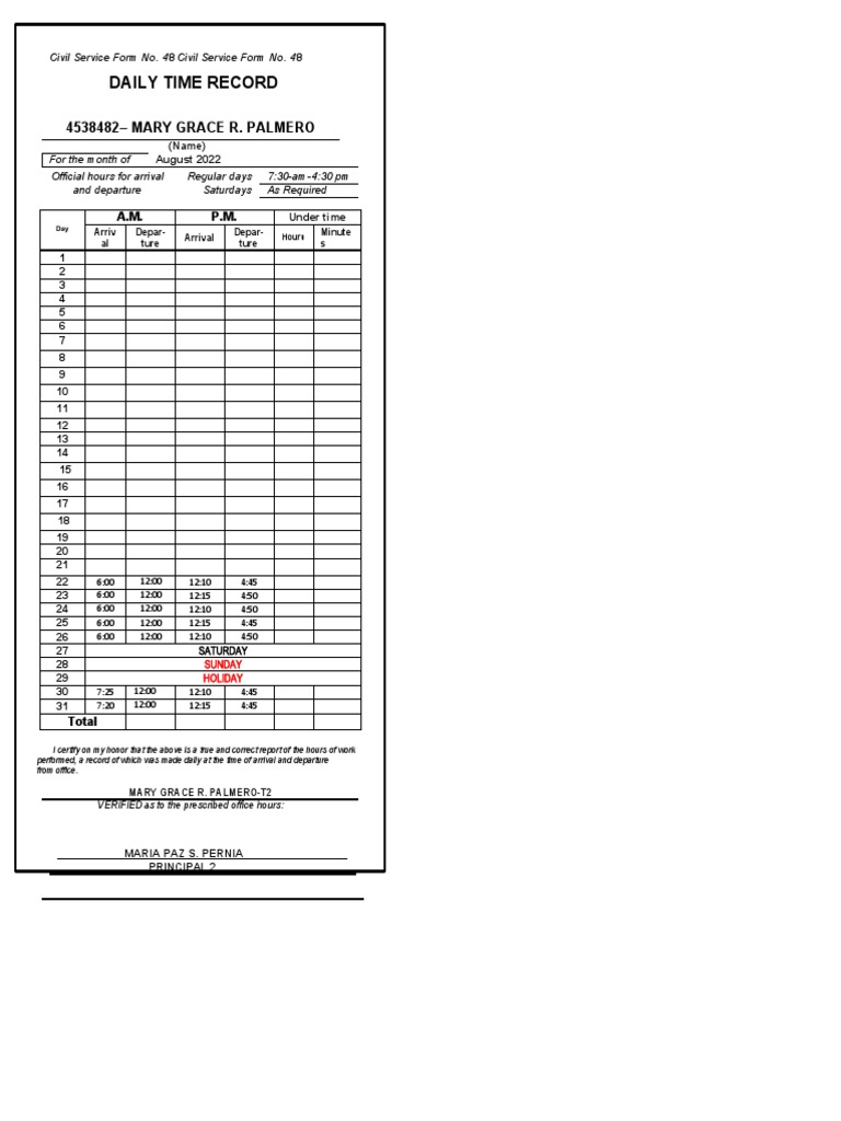 Civil Service Form No. 48: Daily Time Record | PDF