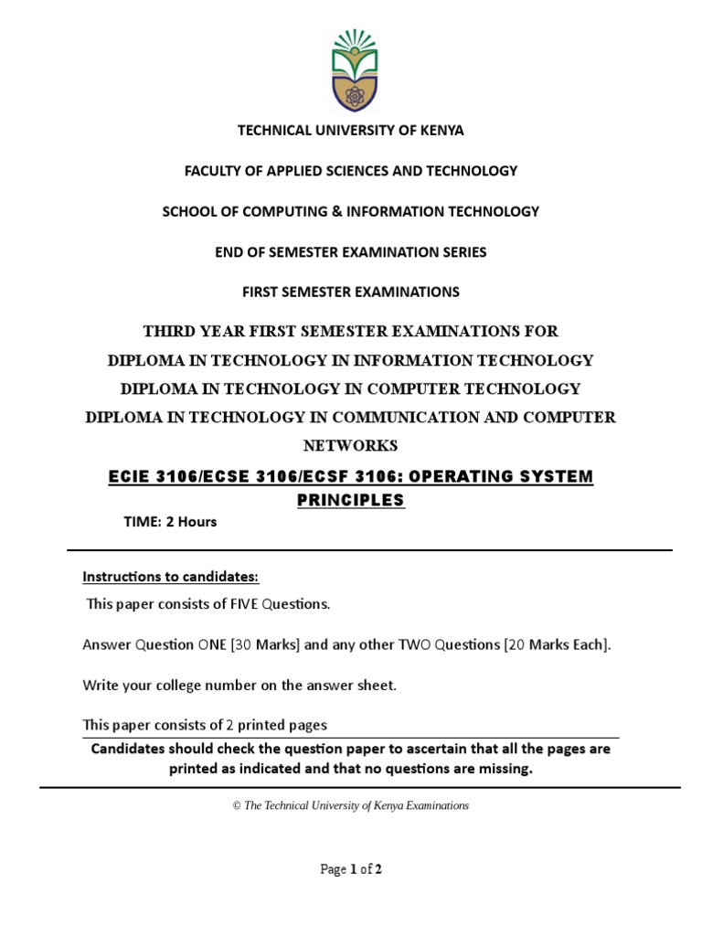 Ecse 3106 Operating System Principles And Design Exam Pdf Scheduling Computing Operating 