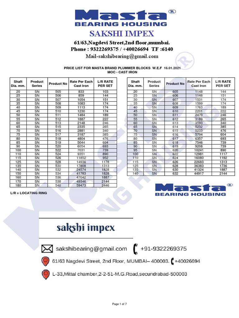 Masta Plummer Blocks Price List | PDF