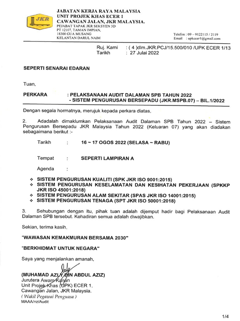 Pelaksanaan Audit Dalaman Spb Tahun 2022 Sistem Pengurusan Bersepadu Jkr Mspb 07 Bil
