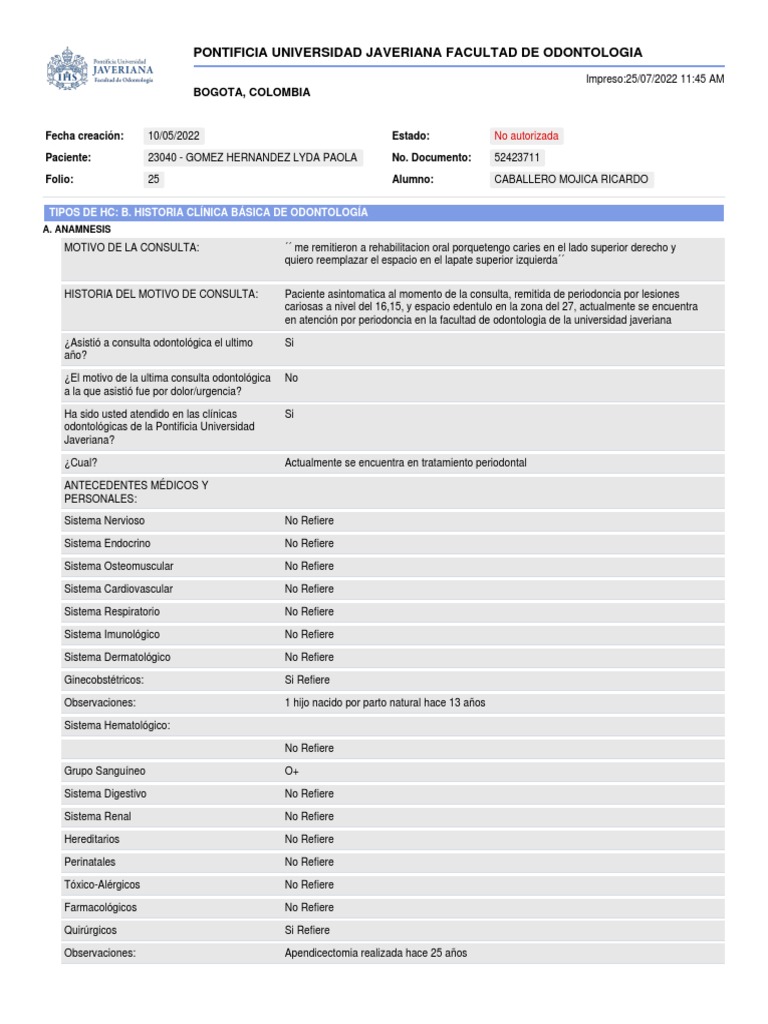 Historia Basica Lyda Paola (Residente Rehabilitación) | PDF | Ortodoncia | Cirugía Oral y ...