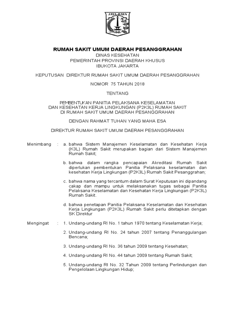 075 - SK Pembentukan Panitia P2K3L Rumah Sakit | PDF