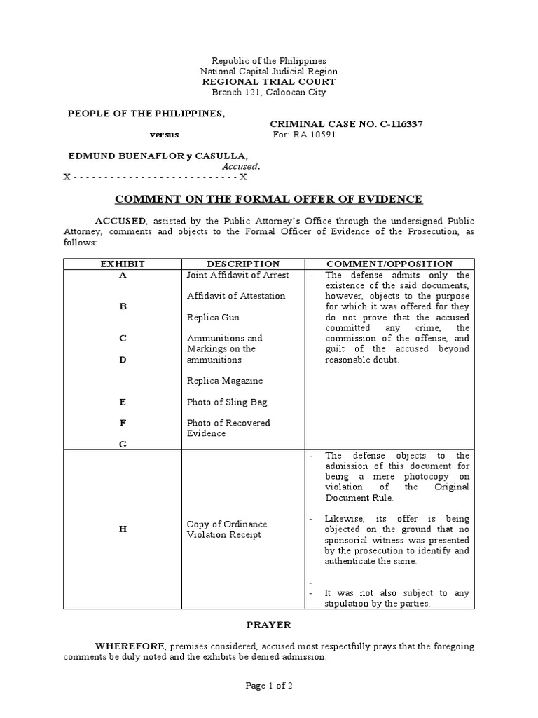 Comment on the Formal Offer of Evidence_People vs Edmund Buenaflor ...