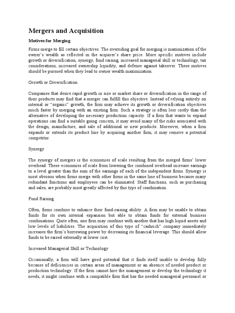 Mergers & Acquisitions: Key Motives Explained | PDF | Mergers And Acquisitions | Takeover