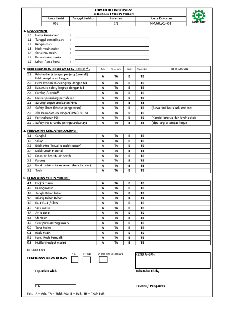 Checklist Apd Peralatan Mesin Molen Pdf