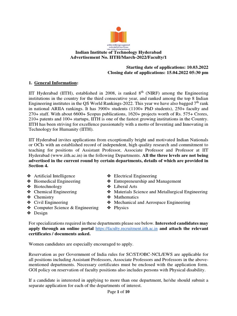 IITH Faculty Recruitment 2022-2025 | PDF | Engineering | Artificial ...