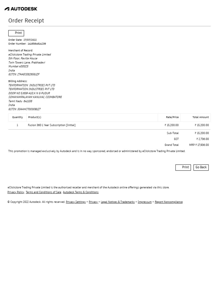 Autodesk India MOE Online Store - Retail Invoice | PDF