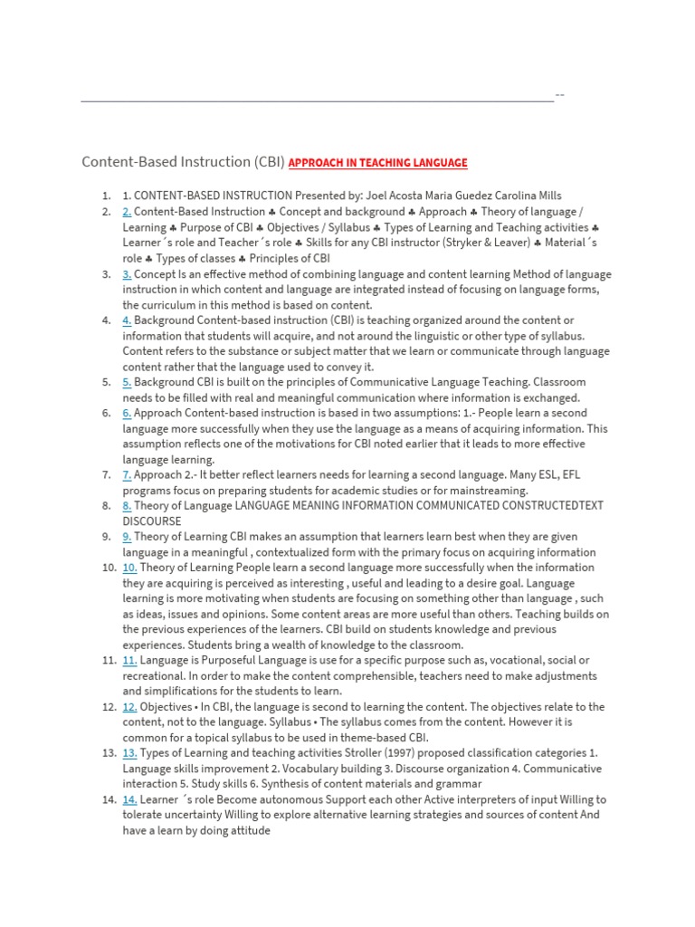 Content-Based Instruction (CBI) : Approach in Teaching Language | PDF ...