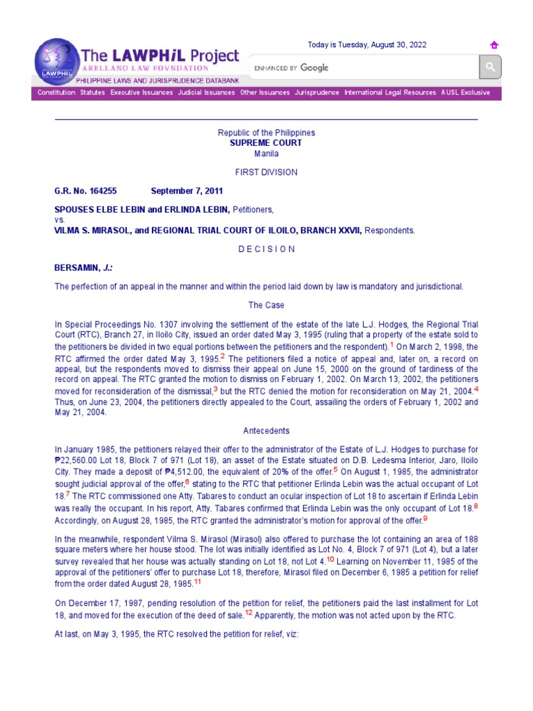 G.R. No. 164255 Sps Lebin Vs Mirasol | PDF | Certiorari | Appeal