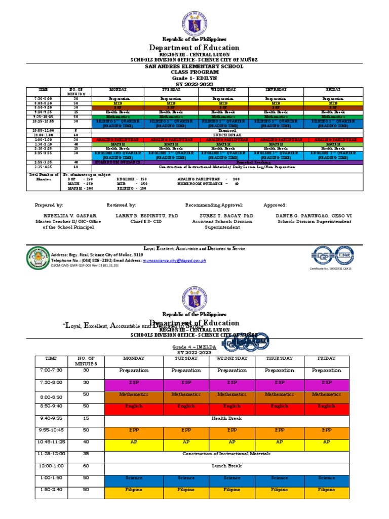SAES Class Program 2022 2023 - g1 - g4 - 6 | PDF | Philippines | Schools