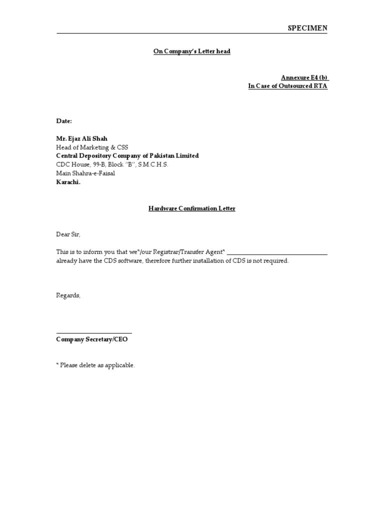 Hardware Confirmation Letter - Annexure E4 (B) | PDF