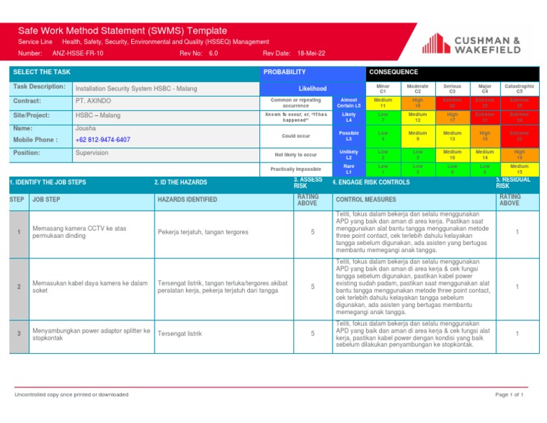 SWMS Installation Security System HSBC - Malang | PDF