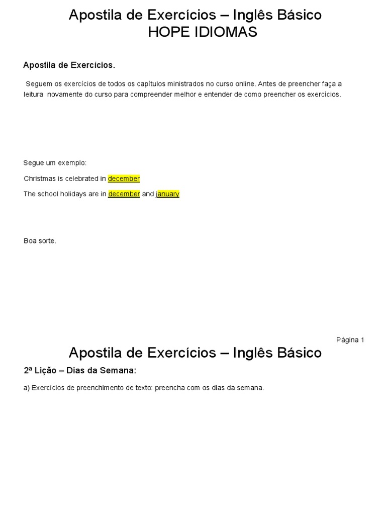 Apostila de Exercícios - Inglês Básico Autor Desconocido | PDF
