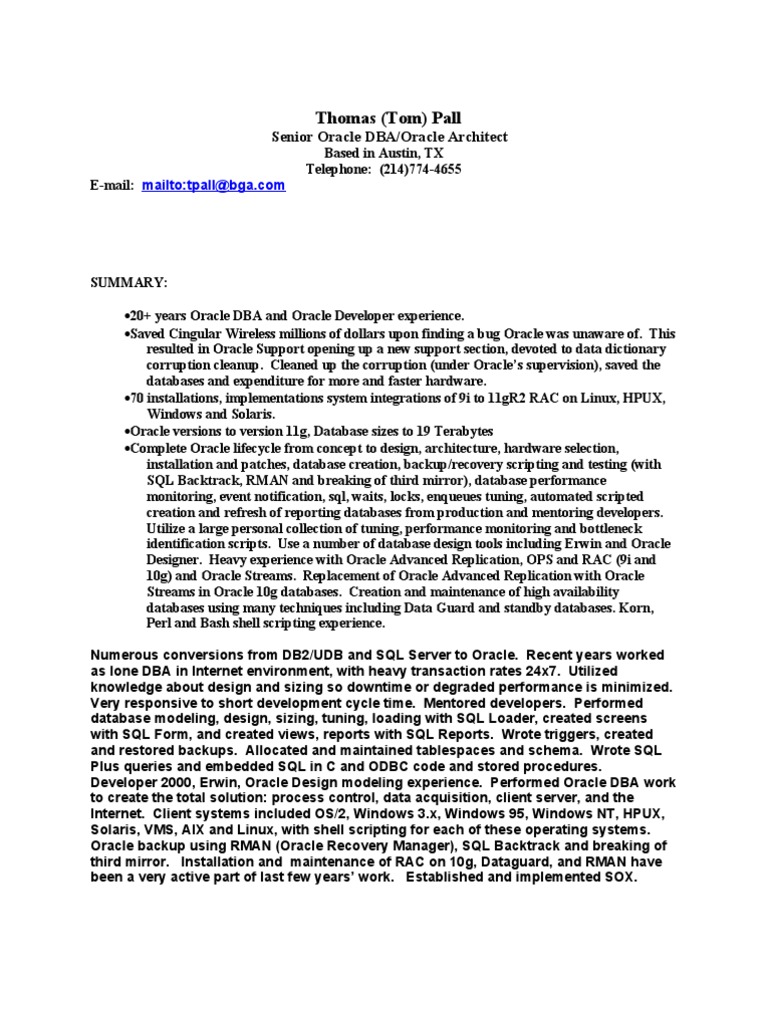 Thomas (Tom) Pall: Senior Oracle DBA/Oracle Architect | PDF | Oracle ...