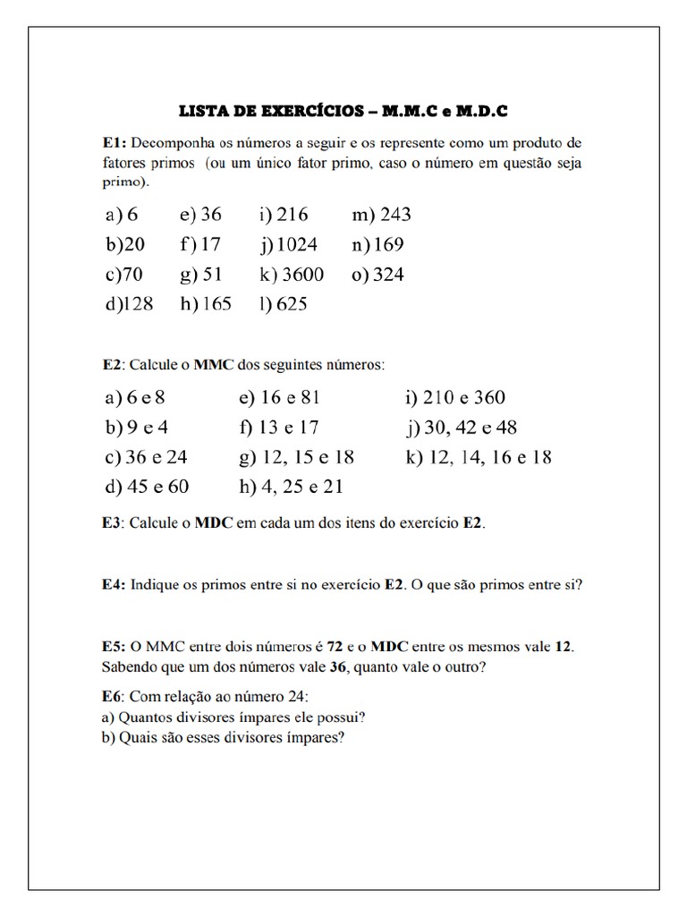 Exercícios de M.M.C e M.D.C | PDF | Ciências e Matemática | Tecnologia ...