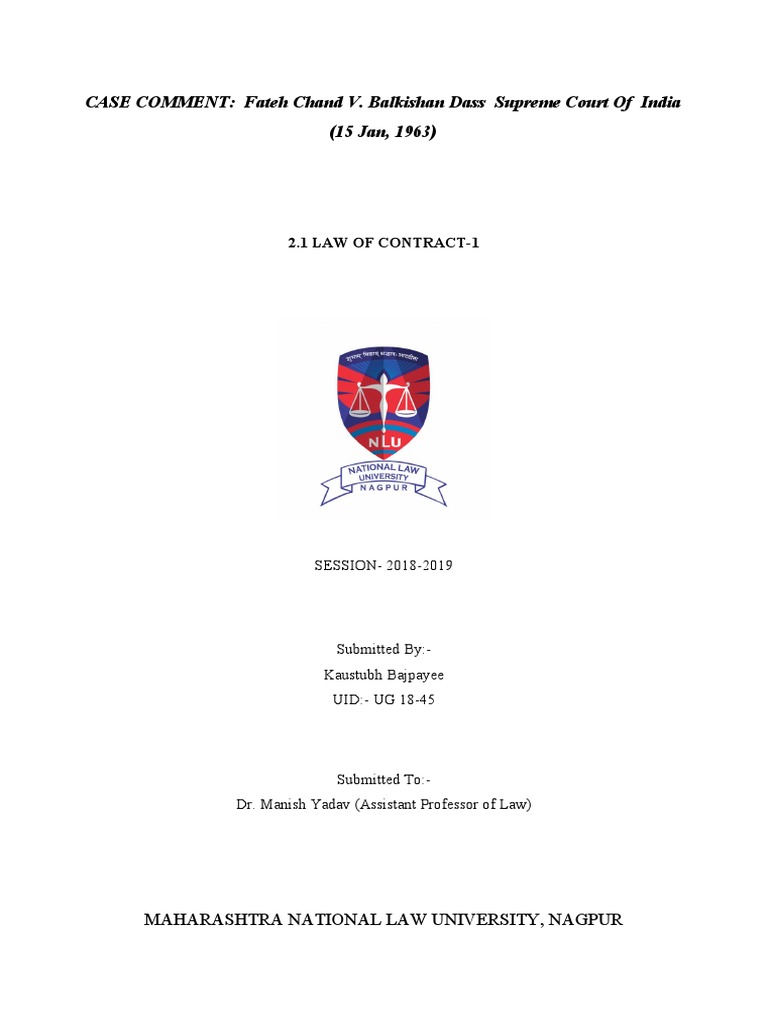 Project Contract 2nd Sem Fateh Chand Vs Balkishan Das | PDF | Damages | Breach Of Contract