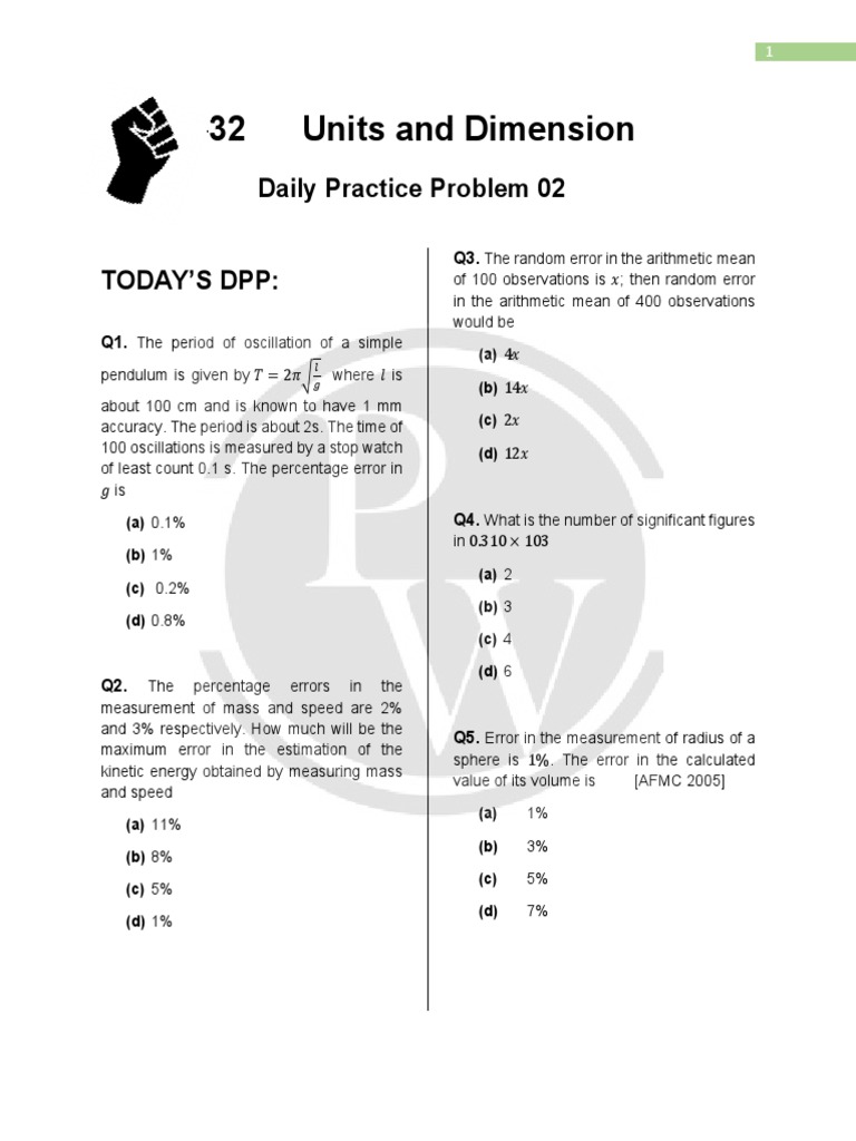 CH 32 Units and Dimension: Daily Practice Problem 02 Today'S DPP | PDF | Significant Figures ...