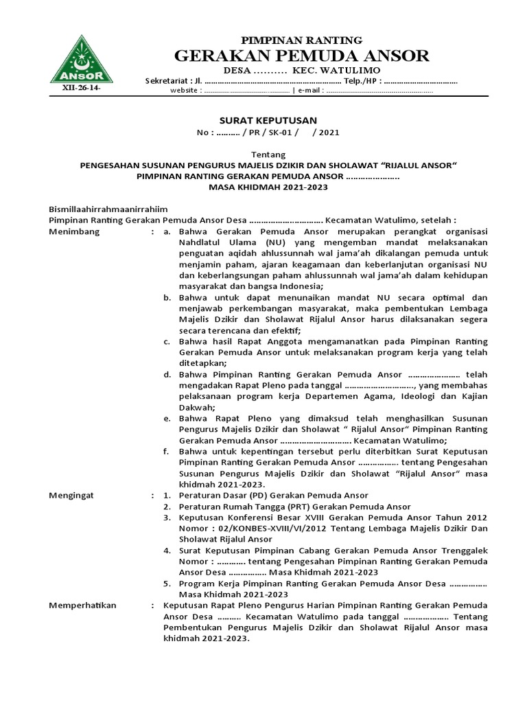 Contoh SK MDS Rijalul Ansor Ranting | PDF