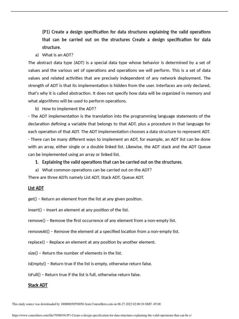 P1 Create A Design Specification For Data Structures Explaining The Valid Operations That Can Be ...