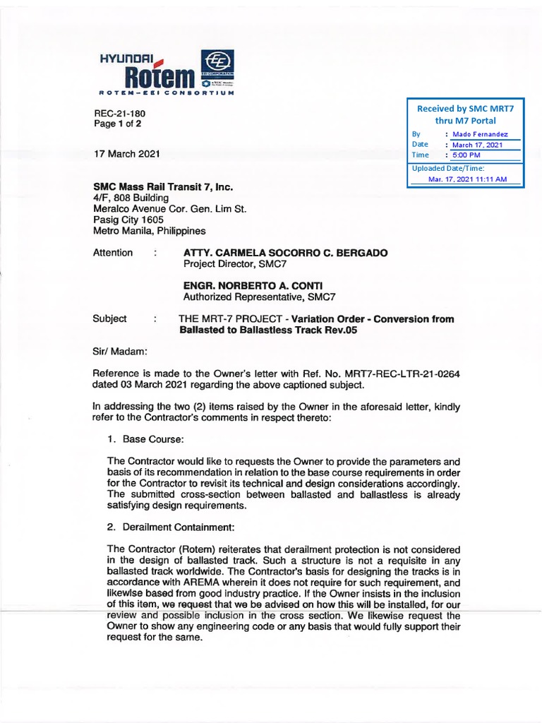 REC-21-180 Variation Order-Conversion From Ballasted To Ballastless ...