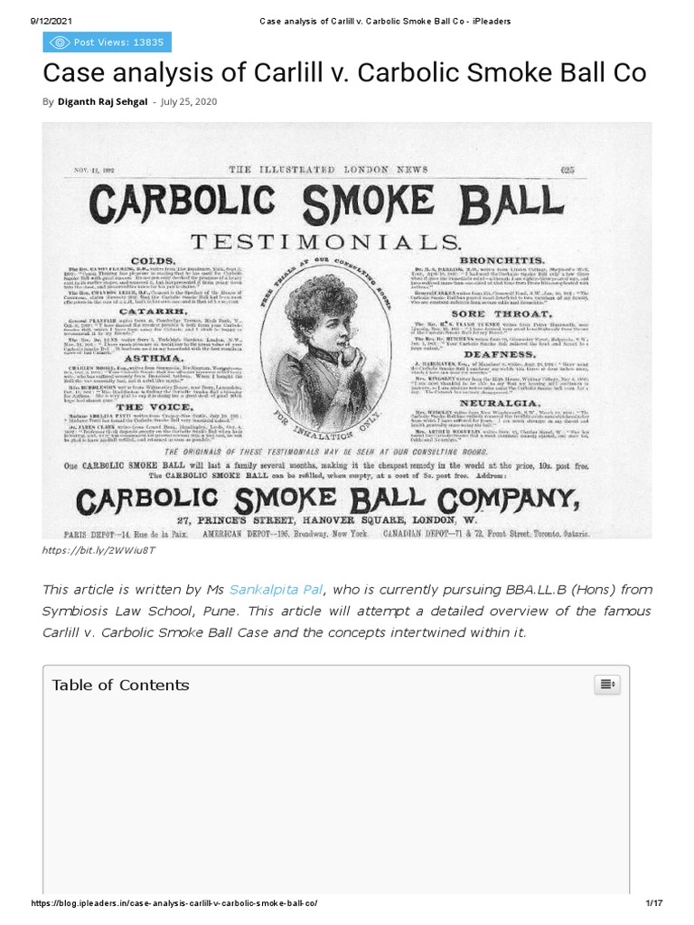 Case Analysis of Carlill v. Carbolic Smoke Ball Co. | PDF | Consideration | Justice