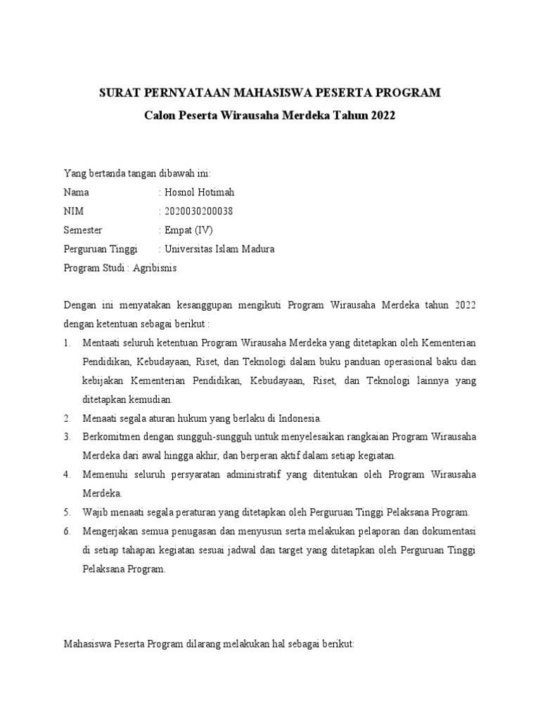 Surat Pernyataan Mahasiswa Peserta Program-1 | PDF Surat Pernyataan Mahasiswa Peserta Program-1 | PDF