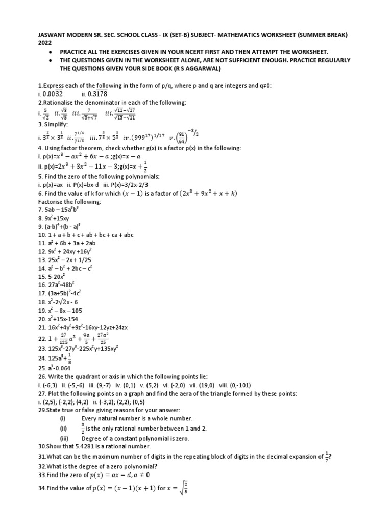 Summer Vacation Homework For Class Ix Maths Set B 3052022 | PDF | Numbers | Factorization