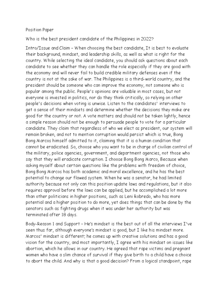 Position Paper Final (Bong Bong Marcos) | PDF | Politics