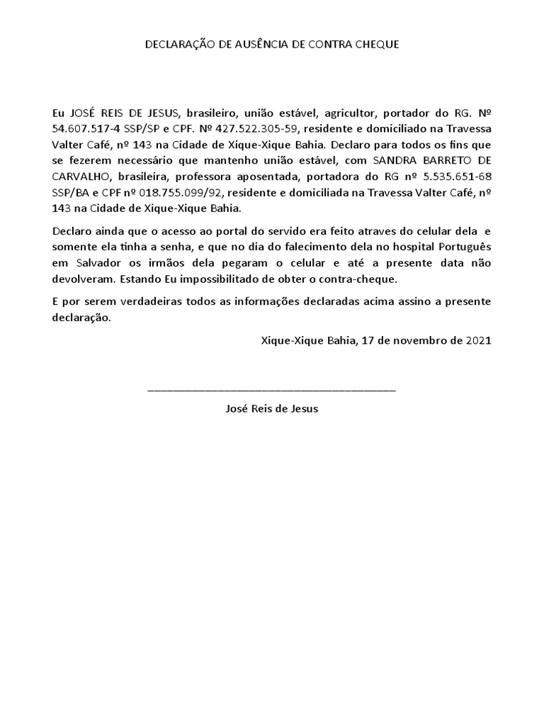 Declaração de Ausência de Contra Cheque | PDF