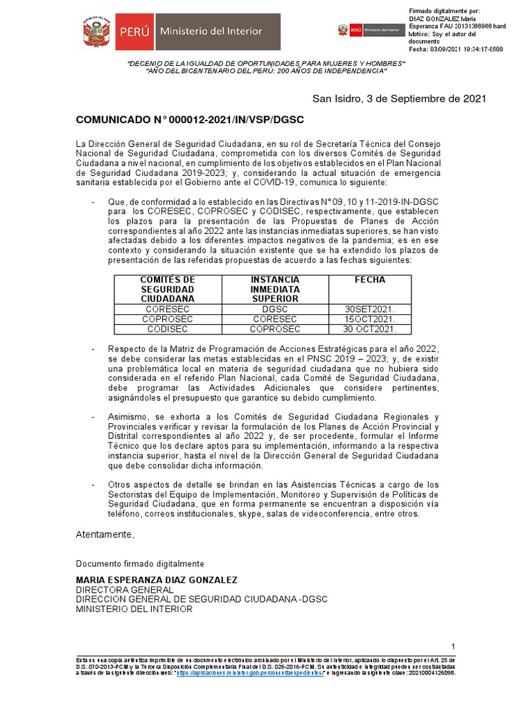 Comunicado 000012-2021 - in - VSP - DGSC | PDF | Gobierno