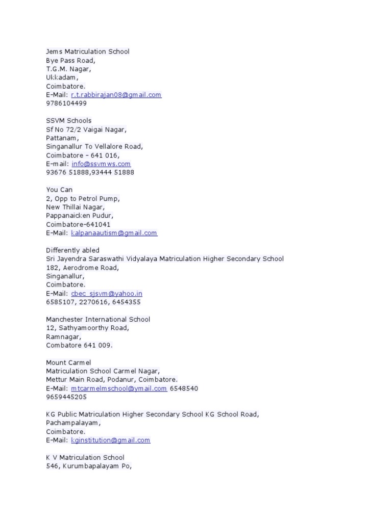 Cbe - Schools List - 2021 January 28TH | PDF