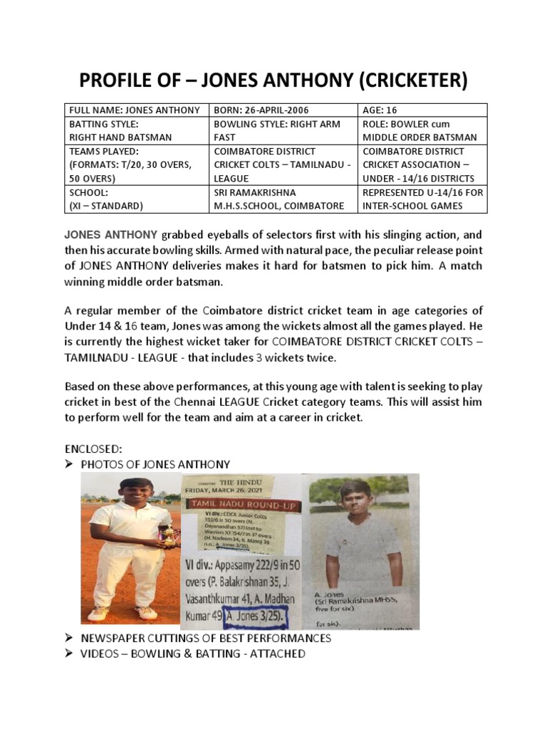 Profile of Jones Cricket PDF | PDF | Sports & Recreation