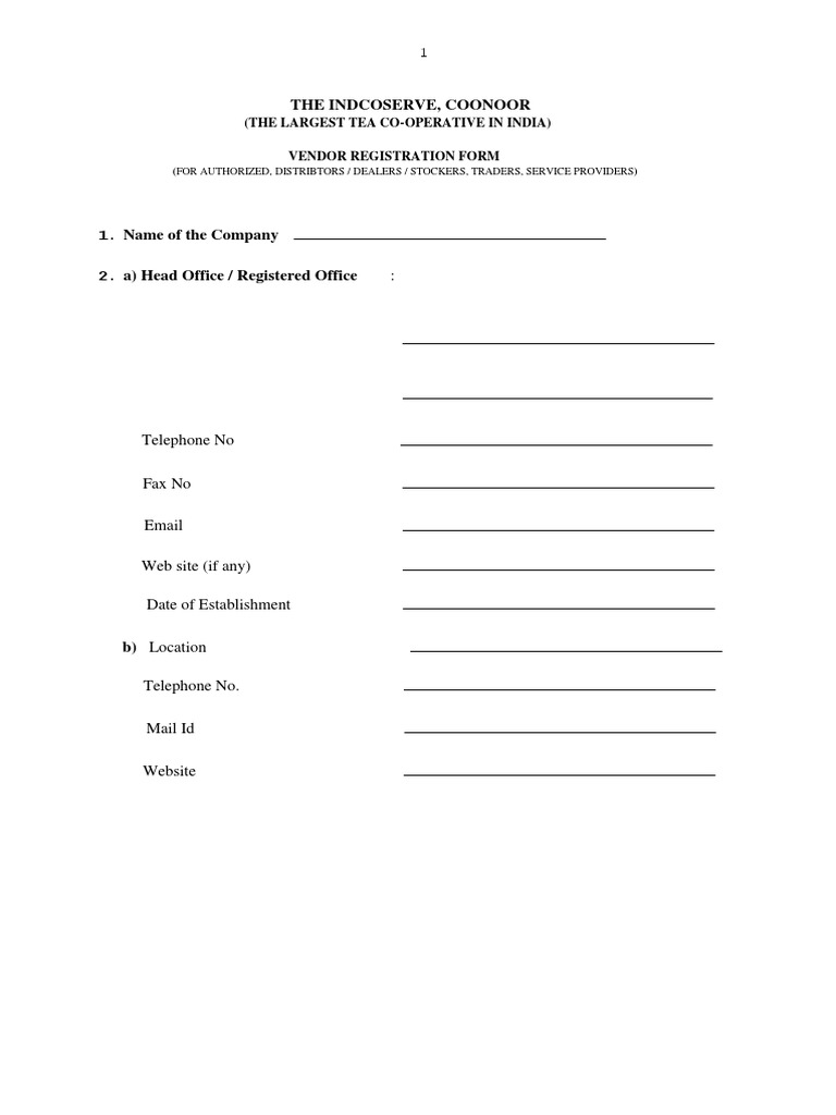 INDCOSERVE TEA - Vendors Reg - Form | PDF | Business