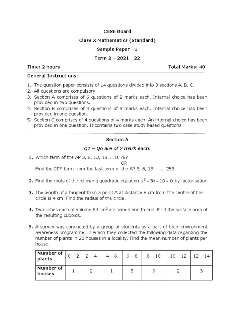 Class 10 Math Sample Paper | PDF | Circle | Angle