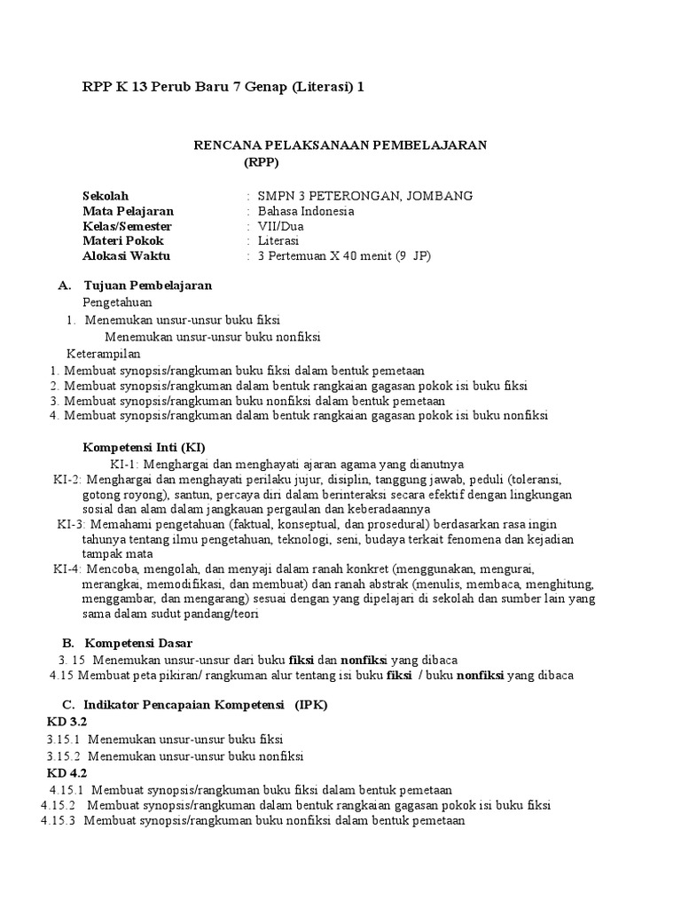 Contoh RPP K 13 Literasi 2 | PDF | Karier & Perkembangan | Seni ...