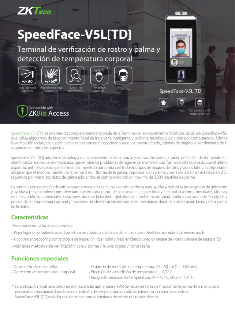 SpeedFace V5L (TD) Esp | PDF | Biometría | Hardware de la computadora