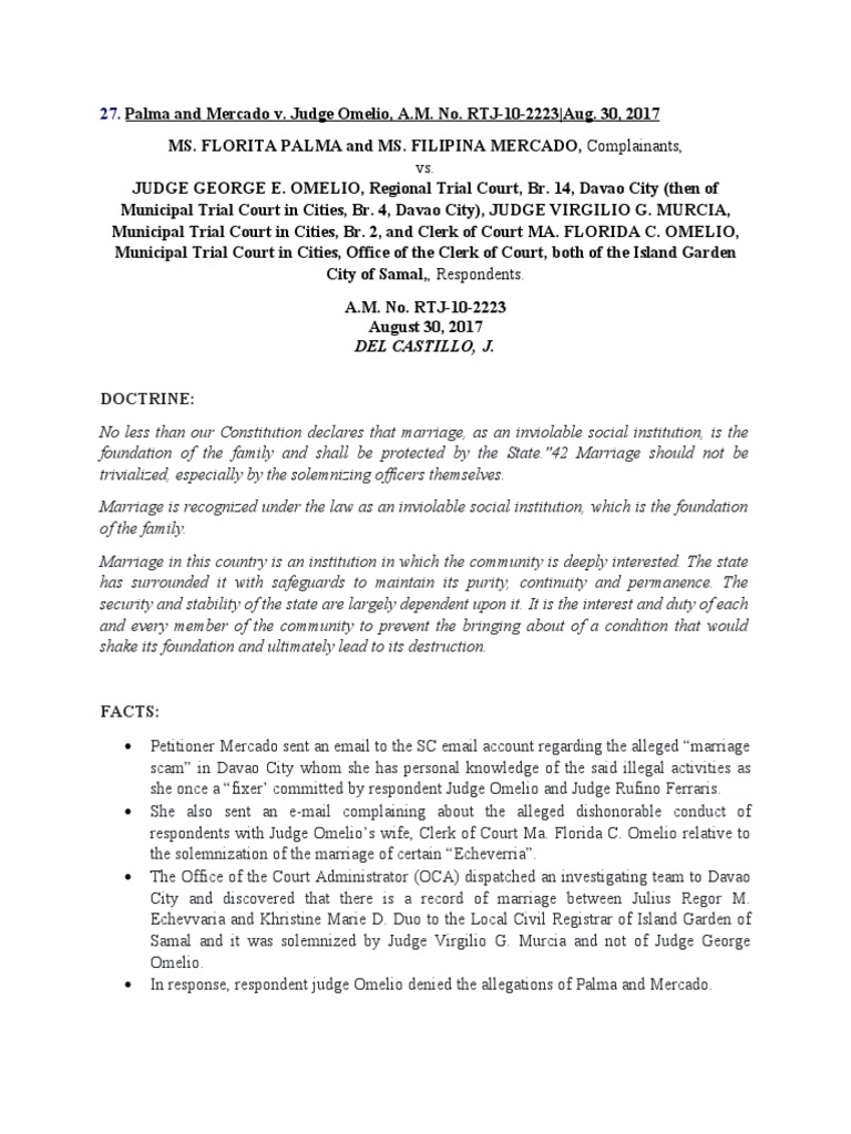 Palma and Mercado v. Judge Omelio, A.M. No. RTJ-10-2223 Aug. 30, 2017 ...